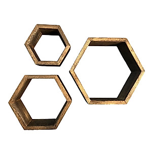 hadaaya Hexagon Shaped Floating Wooden Shelf - Set of 3 for Home Décor