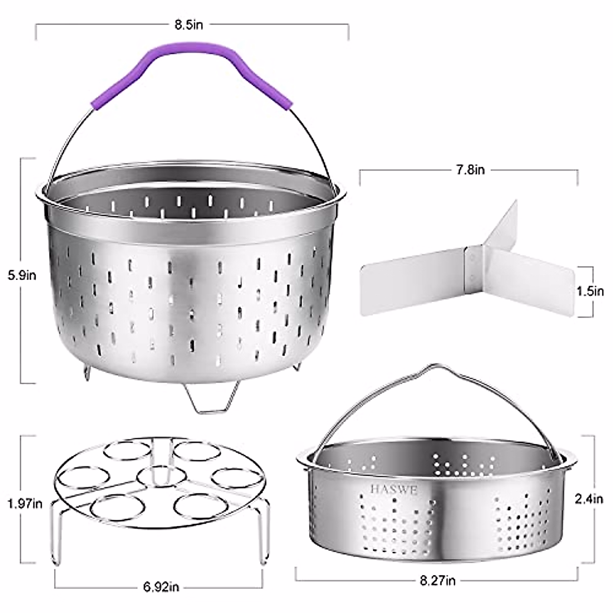 Haswe Steamer Basket for instant Pot Pressure Cooker, Accessories Set Compatible with 5/6/8 Qt InstaPot -18/8 Stainless Steel Strainer Insert with Silicone Handle,Divider,Egg Steamer Rack, 6 Quart