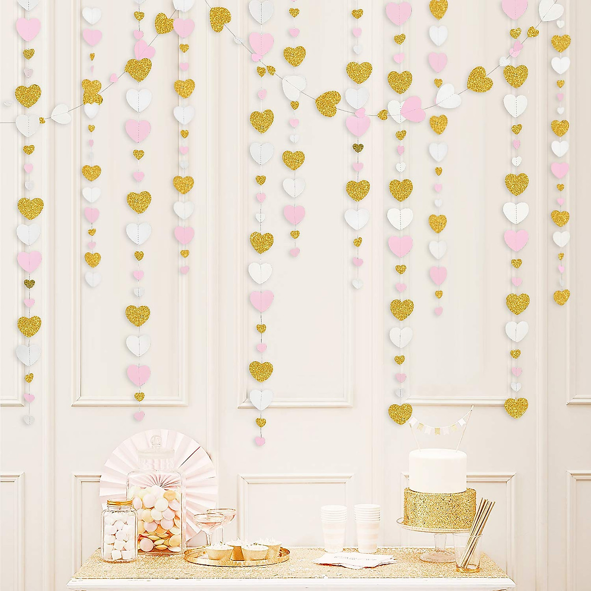 52 Ft Pink and Gold White Love Heart Garland Hanging Paper Streamer Banner for Anniversary Mother's Day Valentines Day Bachelorette Engagement Wedding Bridal Baby Shower Birthday Party Decorations