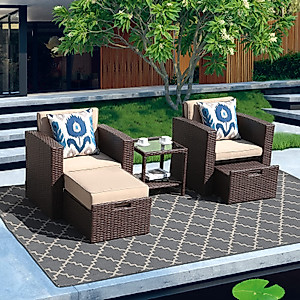 Super Patio 5 Piece Outdoor Furniture Set, PE Wicker Rattan Small Patio Set Balcony Furniture, Outdoor Sofa with Ottomans, Tempered Glass Side Table, Beige Cushions, for Porch, Deck, Poolside
