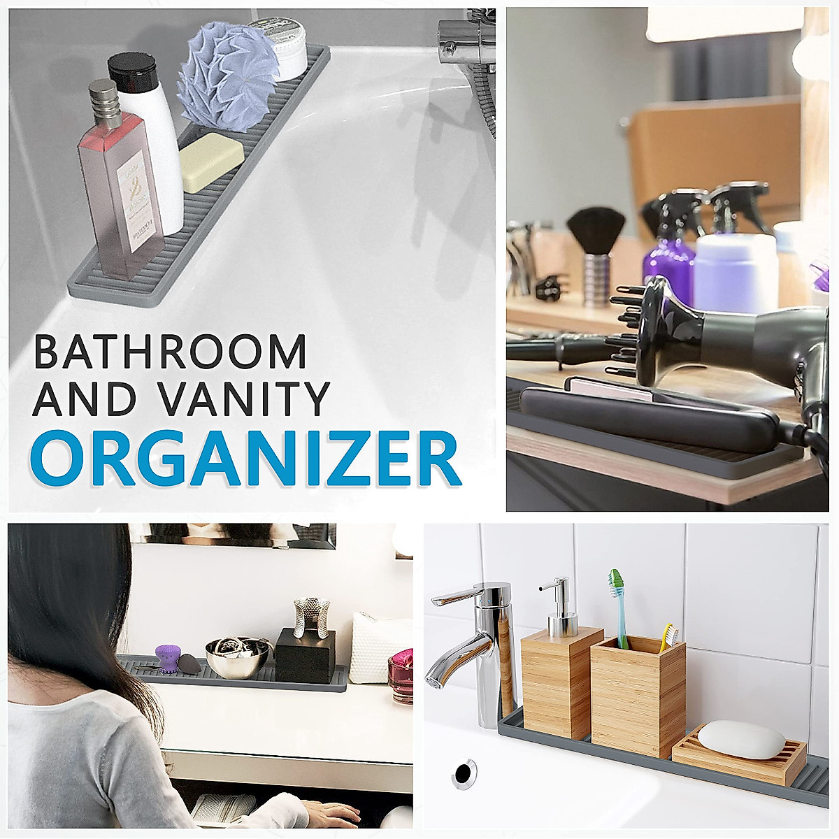 ZAPPOWARE Kitchen Sink Narrow Silicone Holder Tray 18"x3.1", Vanity & Bathroom Organizer, Bar Coffee Service Mat, Gray