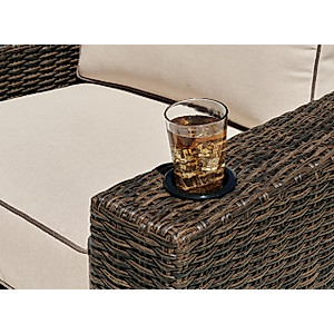 Signature Design by Ashley Coastline Bay Casual Outdoor Swivel Lounge with Cushion and 2 Cup Holders, Beige & Dark Brown