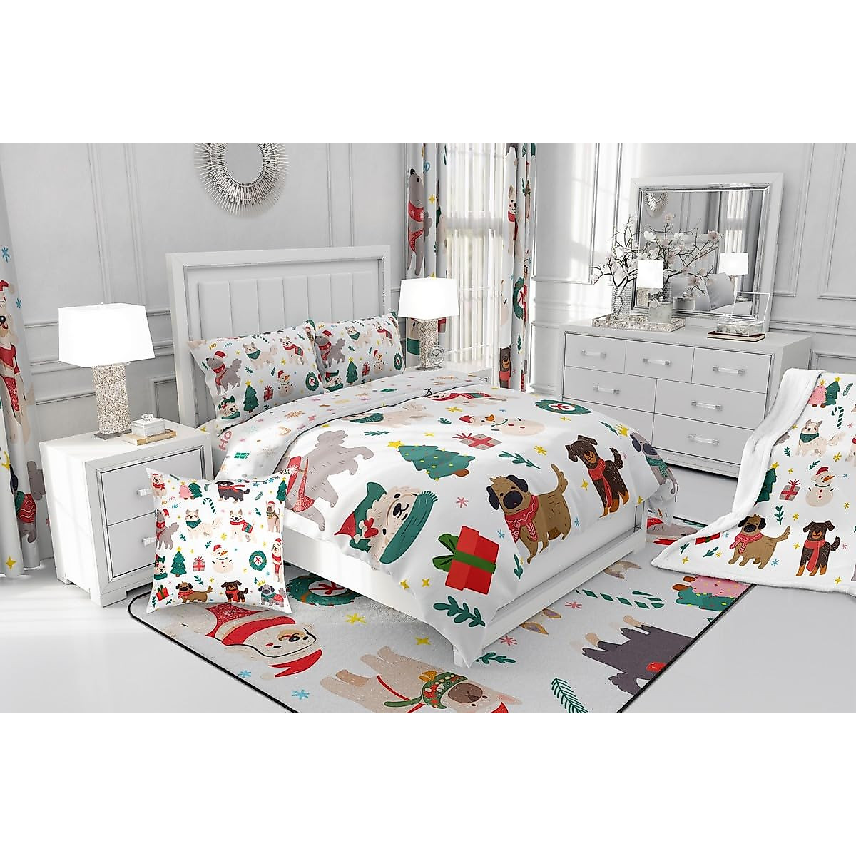 Erosebridal Merry Christmas Comforter Cover Twin Size Cartoon Dog Duvet Cover for Teens Kids Boys Room Decor Xmas Tree Snowman Bedding Set Cute Pug Puppy Animal Quilt Cover with 1 Pillow Case