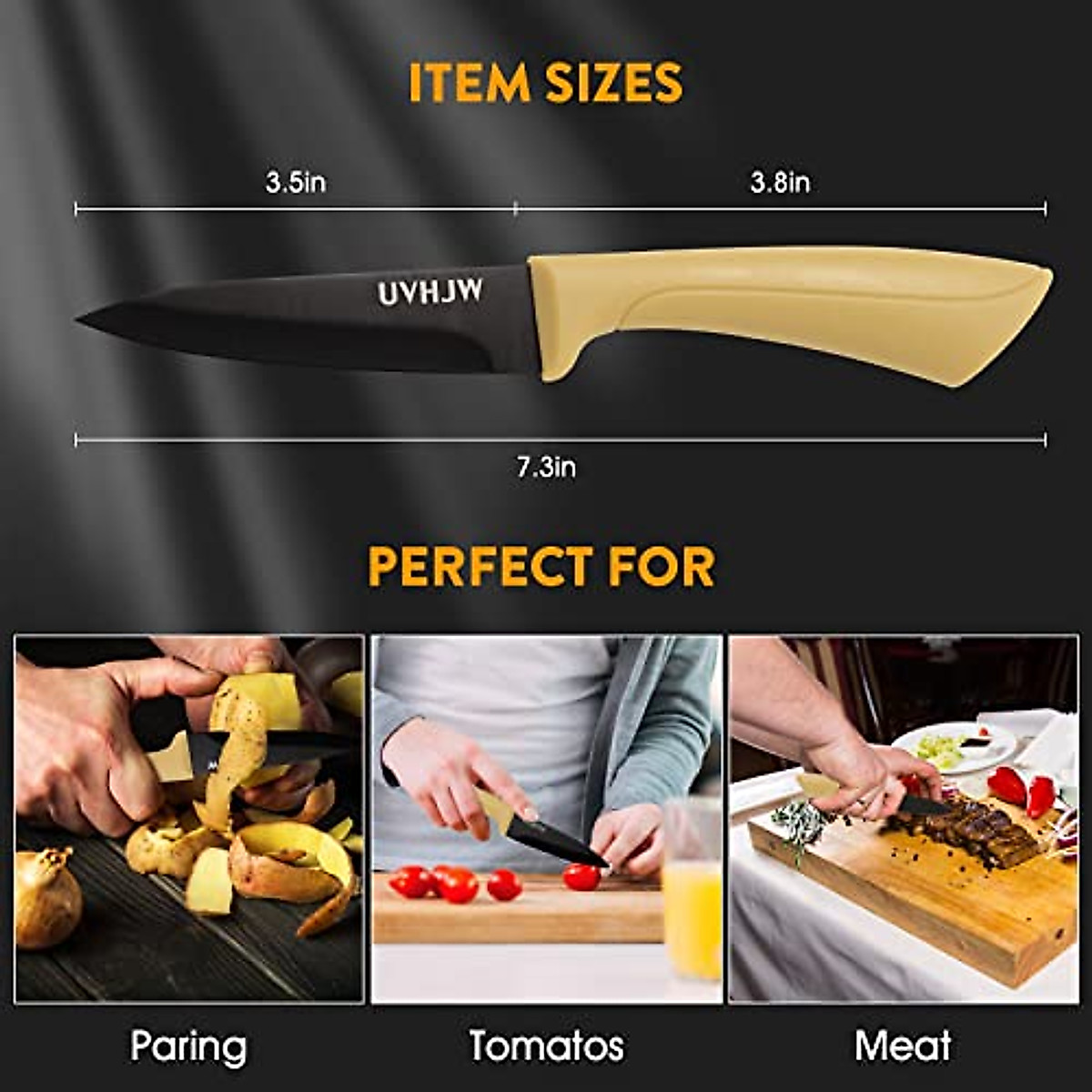 Paring Knife with Sheath Set of 3 Pieces Black Kitchen Knives 3.5 inch Cut Through So Easy