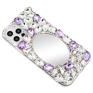 Crystal Mirror Case for iPhone 13 Pro,Luxury Sparkle Bling 3D Diamond Rhinestone Phone Case Women Girls Makeup MOIKY Clear Slim Shockproof TPU Bumper Protective Cover for iPhone 13 Pro(White+Purple)