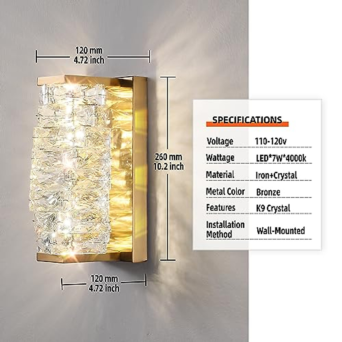 LOSNEOLAZ Crystal Wall Sconces Indoor, Modern LED Sconces Wall Lighting Fixtures Indoor Gold Wall Mounted Lamp for Bedroom Living Room Hallway Bathroom Vanity Light Fixtures Over Mirror 4000K