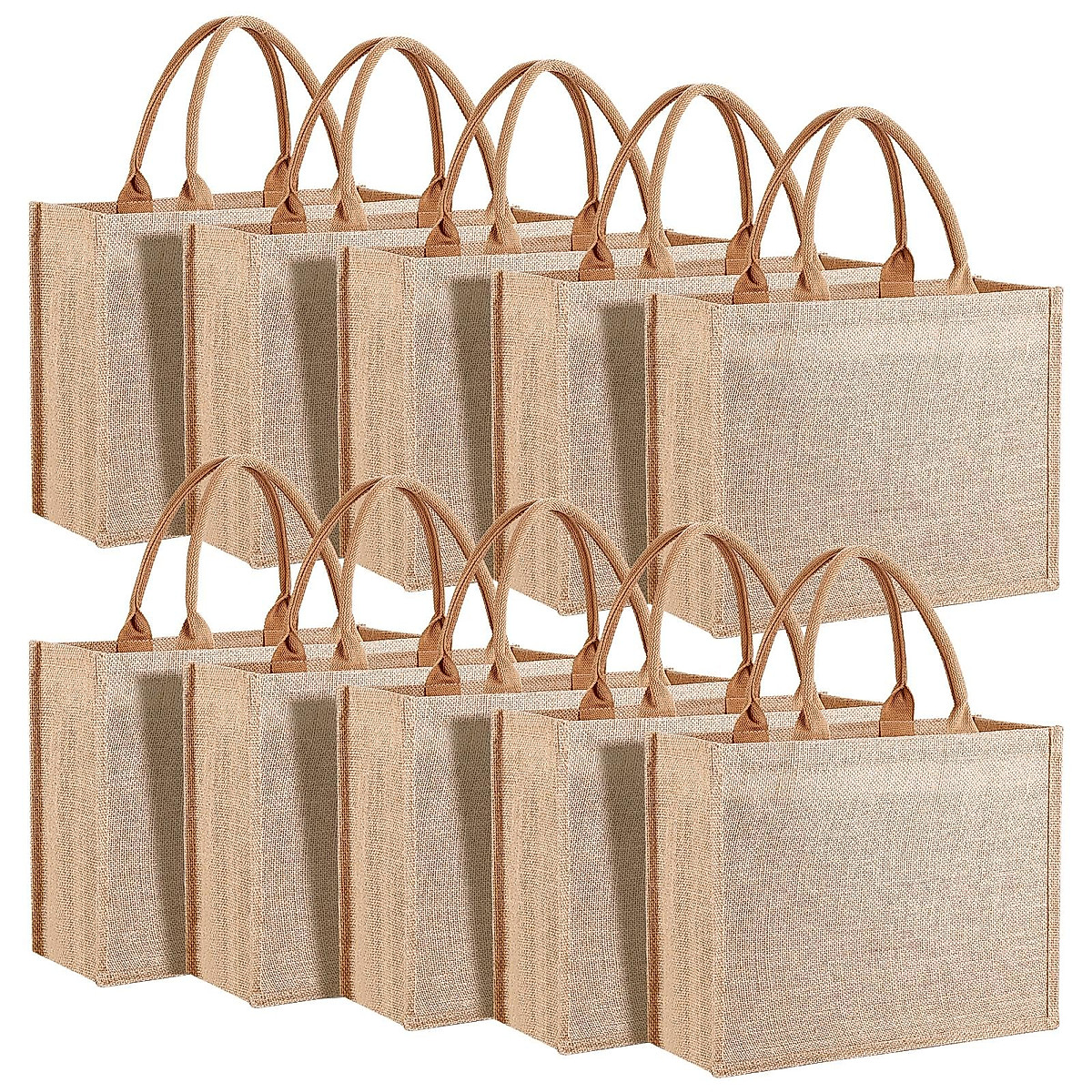 10 Pack Burlap Tote Bags Reusable Jute Bags with Handles Blank Burlap Tote Large Jute tote 15.1X11.8X5.5Inch Burlap Gift Bags for Grocery Shopping Wedding Travel Bachelorette Party Embroidery DIY Art