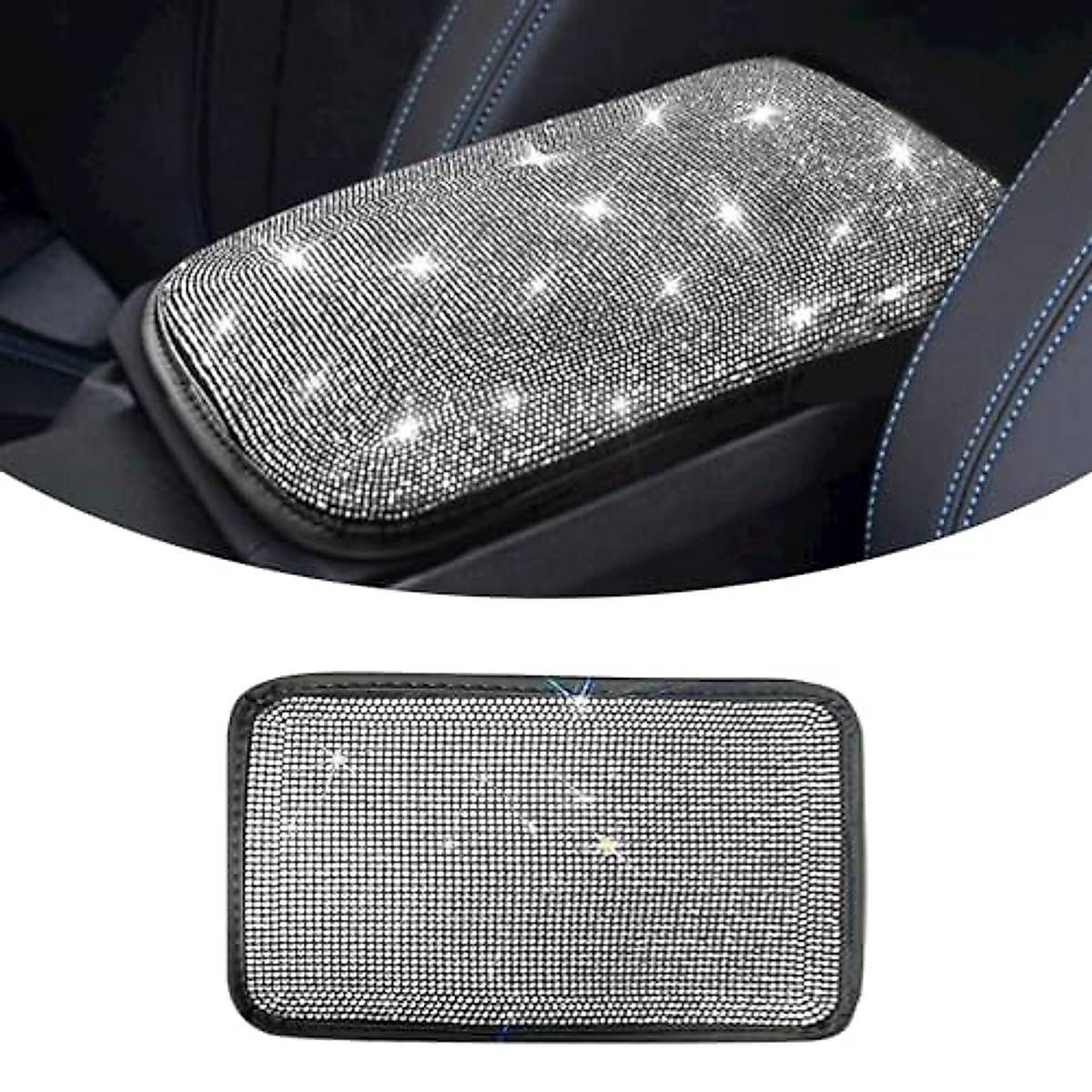 Crynod 1 PC Sparkling Car Armrest Box Protector, 8.66" x 11.81" Rhinestone Studded Stretch Elastic Band Mounted Center Console Cover, General Motors Anti-Scratch Accessory, for Most Cars (Silver)
