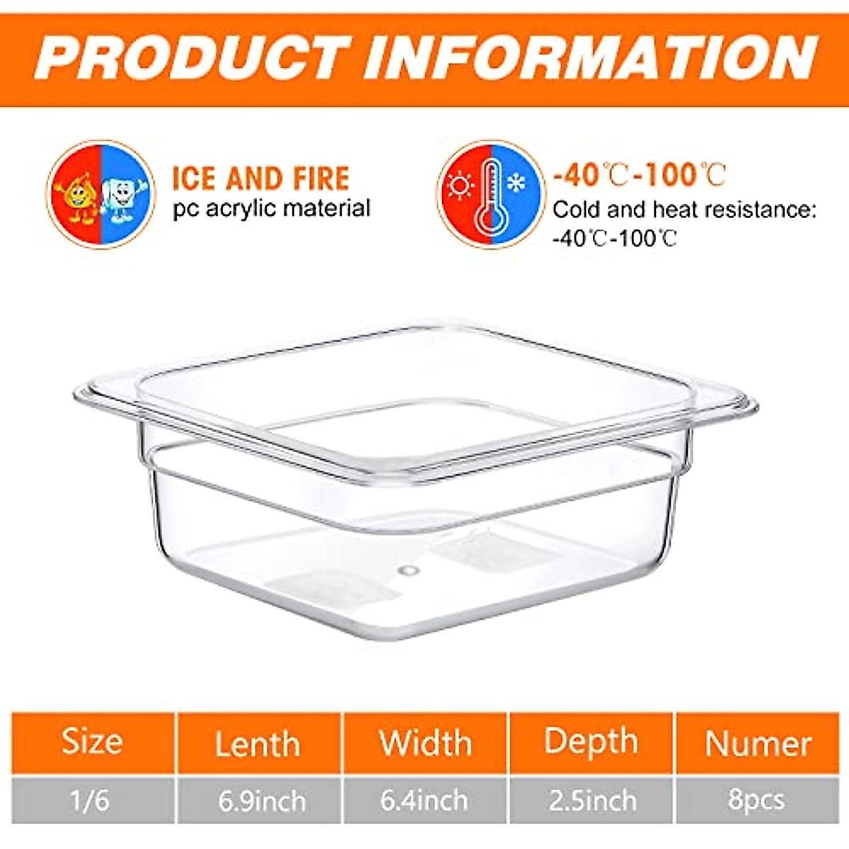 Nuenen 8 Pcs 1/6 Size, 2.6 Inch Deep Food Pan Clear Food Storage Container Polycarbonate Plastic Pan Clear Plastic Cold Pans for Kitchen Restaurant Food Prep, 1 Quart