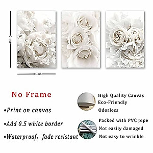 White Rose Canvas Wall Art White Flowers Picture for Living Room Bedroom Peony Flower Paintings White Floral Canvas Wall Art Abstract White Flower Wall Art Modern Flower Pictures 16x24inchx3 No Frame
