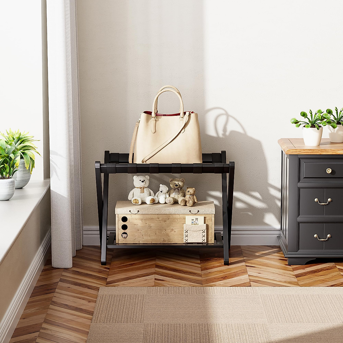 SMIBUY Luggage Rack, Foldable Bamboo Suitcase Stand with Storage Shelf for Guest Room, Bedroom, Hotel, Heavy-Duty, 1 Pack (Black)