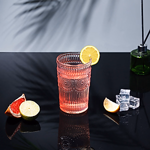 Joeyan Pink Drinking Glass Cups,Flower Embossed Romantic Water Tumblers,Vintage Highball Glassware for Juice Beverage Wine Cocktail,Great for Wedding Party Home Daily Use,11.5 oz,Set of 4