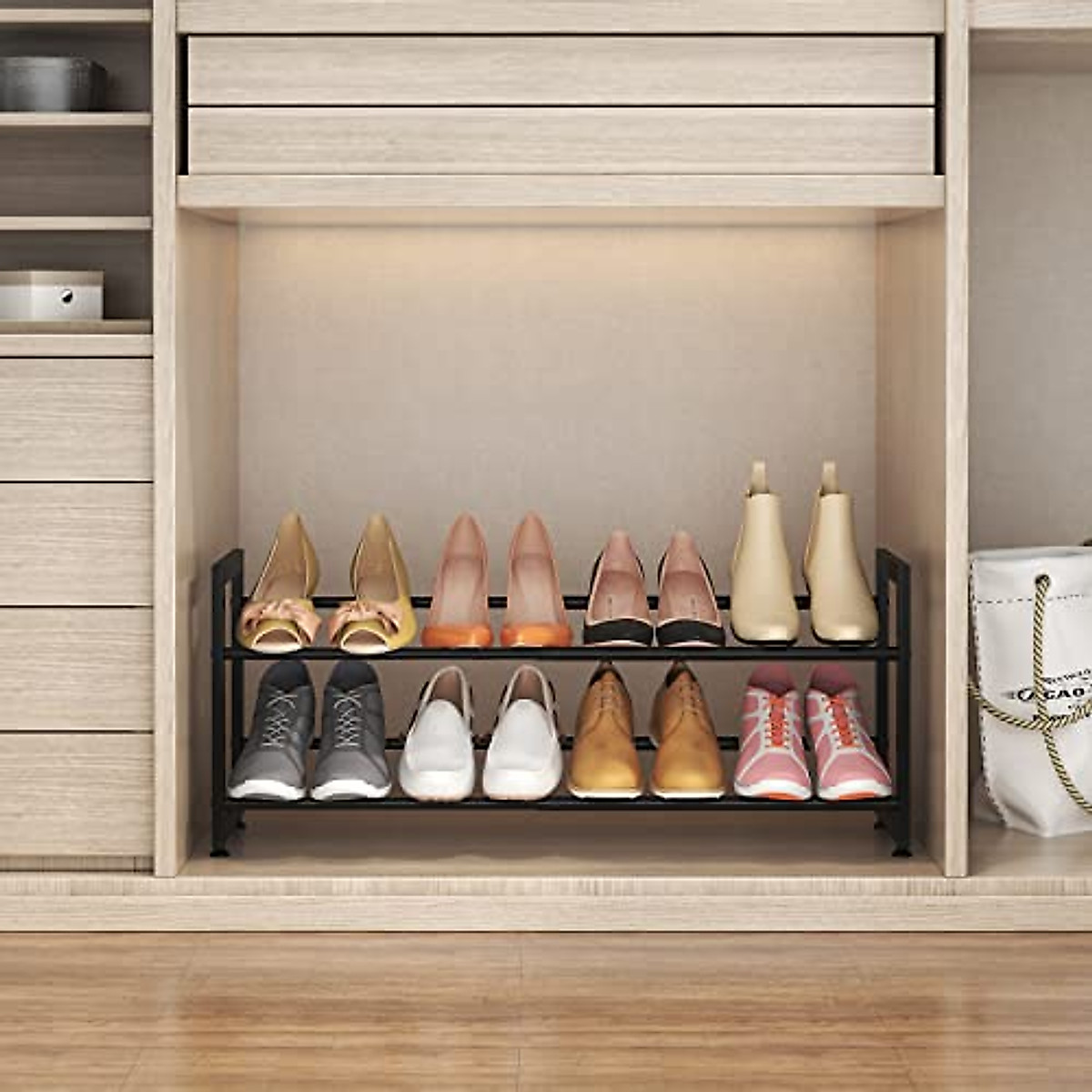 FKUO 2 Tier Shoe Rack for Closet Metal Free Standing Small Shoe Racks, Expandable Shoe Storage Organizer Shelf for Entryway, Hallway, Dorm Room (Black, 2 Tier Short)