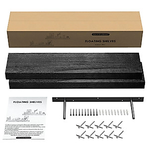 SAUCE ZHAN Floating Shelves Rustic Natural Wood Wall Shelf Open Shelving Farmhouse Live Edge Light Wooden Wall Mounted Decor for Bathroom, Living Room, Bedroom, Kitchen Set of 2 (Black, 16 inch)