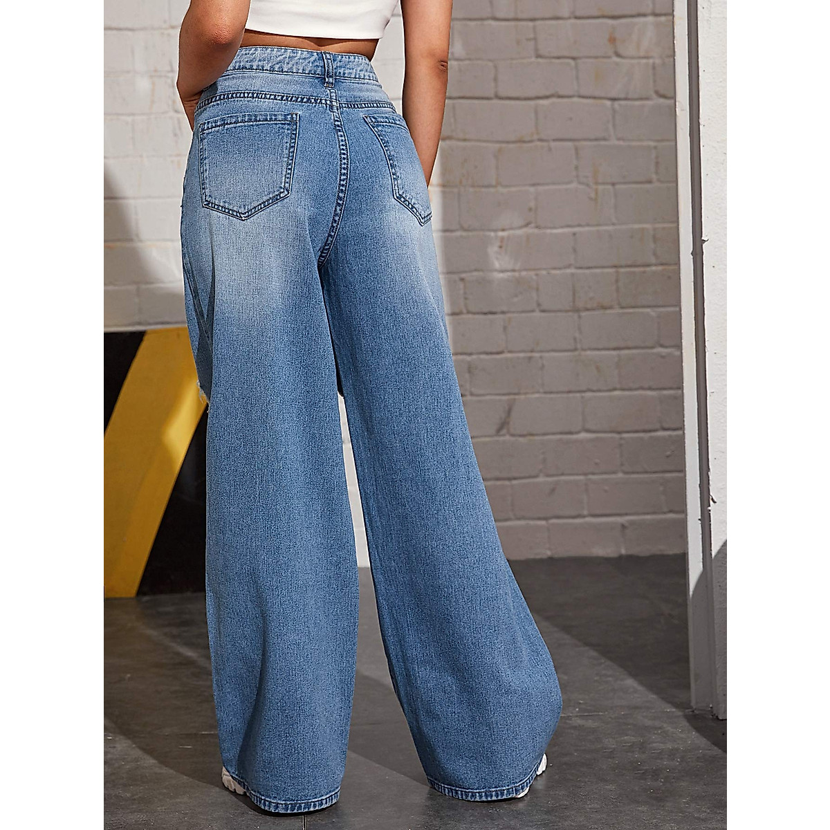 SweatyRocks Women's Casual Loose Ripped Denim Pants Distressed Wide Leg Jeans Blue Medium