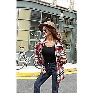 Women Classic Flannel Plaid Jacket Button Down Boyfriend Long Sleeve Lapel Shirts Casual Blouses Tops (Red, Small)