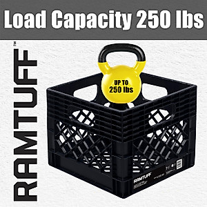 Ramtuff Milk Crate 4-Pack, Built Tough, 250lbs Load Capacity (BV Certified), Extreme Weather Tested -22°F to 122°F, Authentic Milk Crate dimensions 13" L x 13" W x 11" H