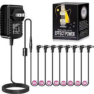 Pigtone Guitar Pedal Power Supply AC Wall Charger Adapter 9V DC 1A 1000mA Tip Negative 8 Way Daisy Chain Pedal Cables for Most Guitar Effect Pedals