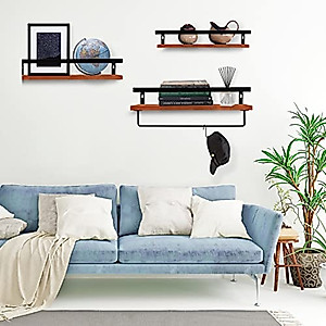 AKEYDIY Floating Shelves Wall Mounted Set of 3, Rustic Wood Wall Shelf with Metal Frame, Towel Rack for Bedroom, Living Room, Bathroom, Kitchen, Office and More