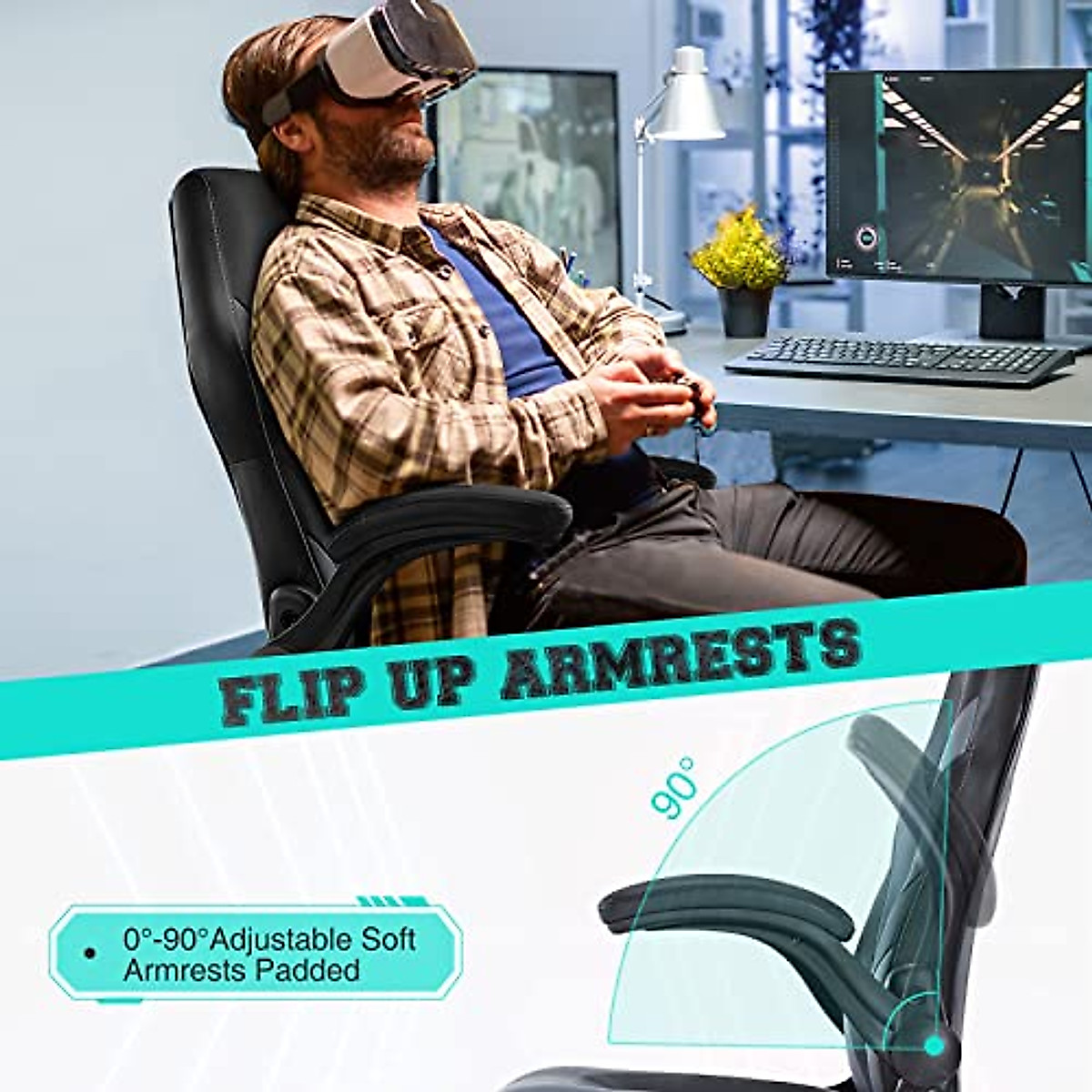 ZUNMOS Gaming Chair Office Chair Flip-up Armrest Chair with Soft Padded Height Adjustable Desk Chair Computer Chair with Lumbar Support for Gaming, Working, Grey