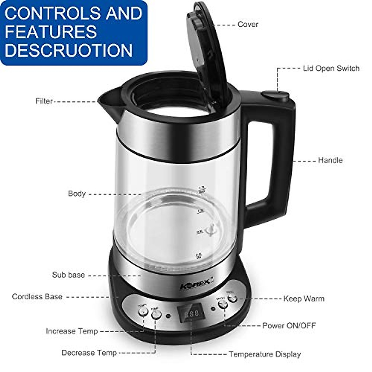 Korex Smart Electric Water Kettle Glass Heater Boiler Suitable for WIFI APP Alexa Google Home Assistant 1.7 L Great for Coffee Tea Milk With Overheat Protection Temperature Control