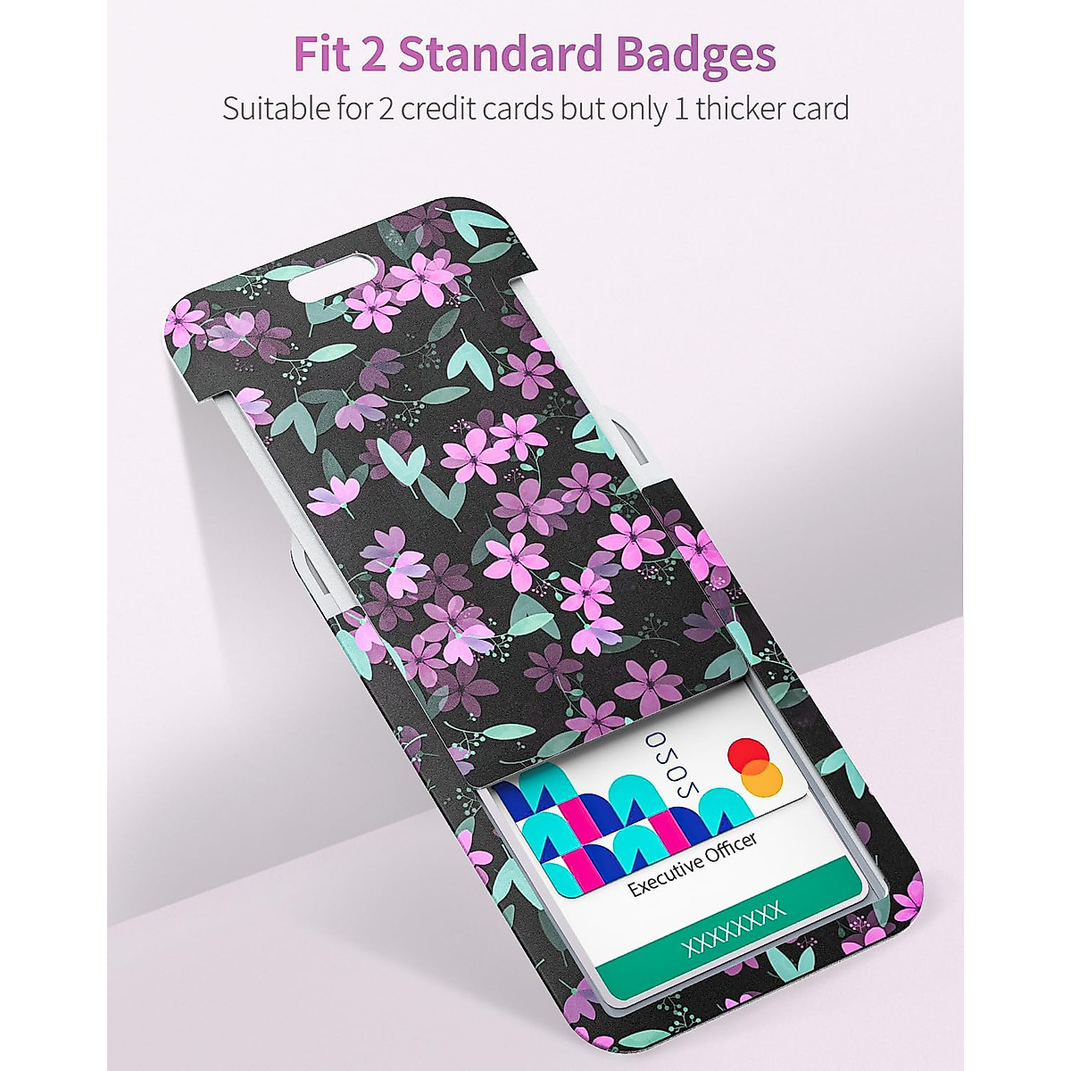 Uniclife Floral Sliding Badge Holder Purple Flower Plastic Case with Retractable Badge Reel Carabiner Clip & Detachable Lanyard Strap Fashionable Vertical Card Protector for Women Teacher Student