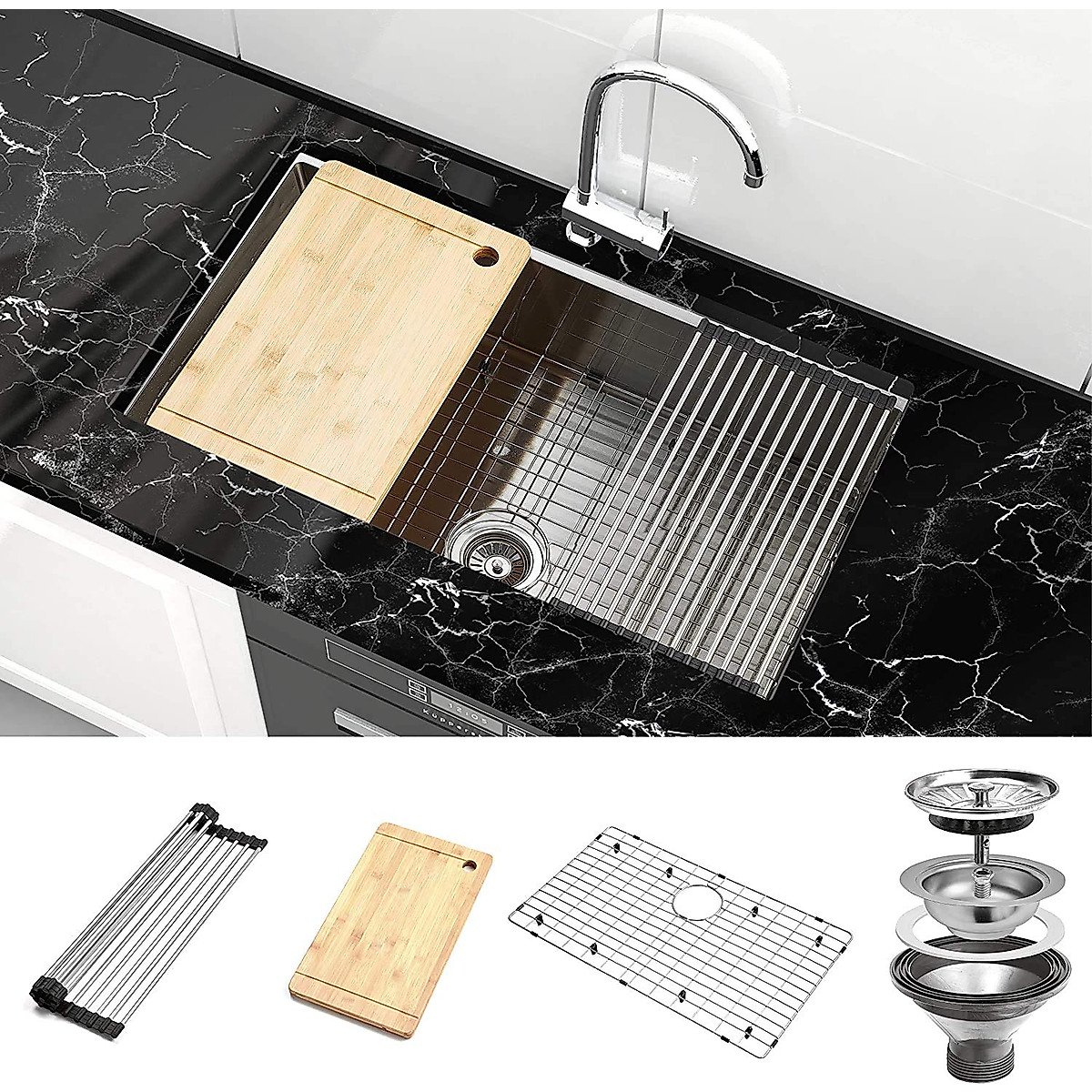 YSSOA 32-Inch Undermount Workstation Kitchen Sink, 20 Gauge Single Bowl Stainless Steel with 5 Accessories (Sink + Cutting Board+Bottom Grid + Drain+Dish drying rack), Silver