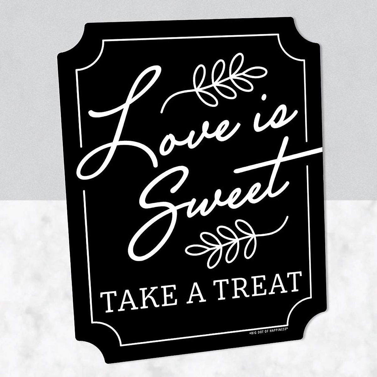 Big Dot of Happiness Black Love is Sweet Sign - Wedding Cake and Dessert Table Decorations - Printed on Sturdy Plastic Material - 10.5 x 13.75 inches - Sign with Stand - 1 Piece