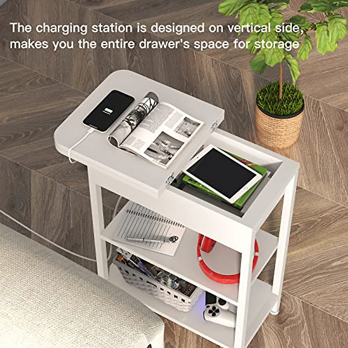 LIDYUK End Table with Charging Station, Flip Top Side Table with USB Ports and Outlets, Nightstand for Small Spaces, Bedside Tables with Storage Shelf for Living Room, Bedroom, White