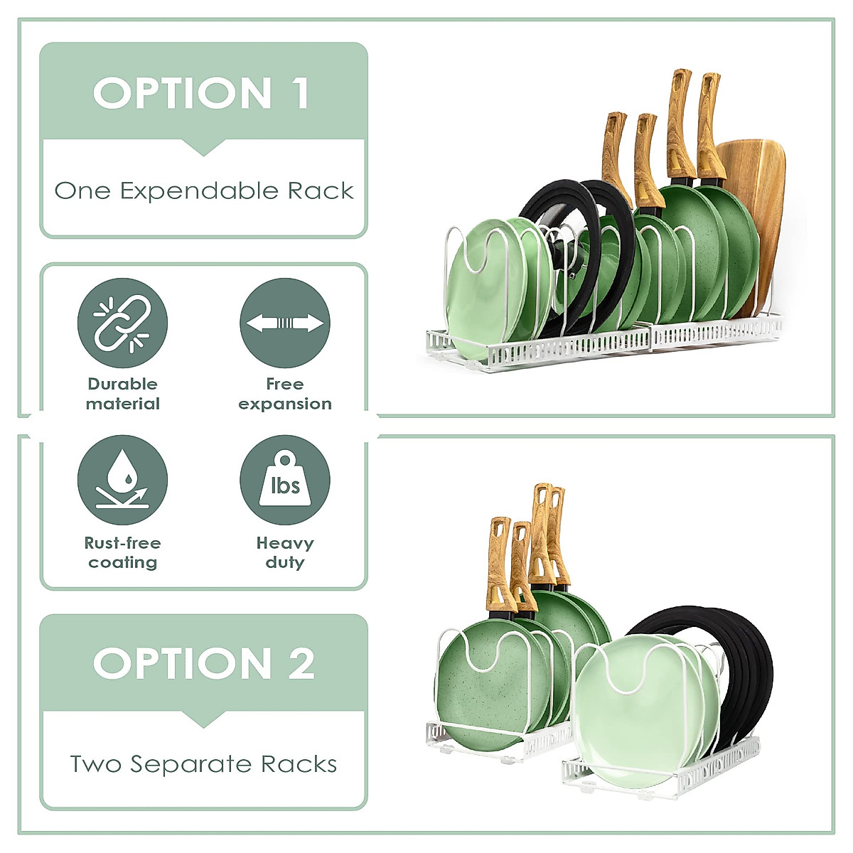 taabooh Adjustable Pot And Pan Organizer Rack - Aesthetic Pot Lid Organizer Rack - Durable Cookware Rack And Baking Pan Organizer - Expandable Horizontal Frying Pan Organizer With 10 Dividers