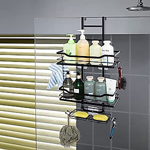 Over the Door Shower Caddy, Hanging Shower Organizer for Bathroom, Shower Storage Rack Shelf with Hooks & Screw Adhesives & Soap Holder, 3 Tier Bathroom Shower Basket, Rustproof No Drilling - Black