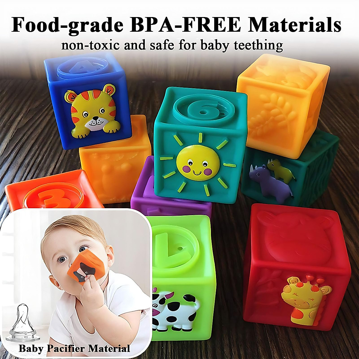 Kingtree Baby Blocks, 9PCS Soft Squeeze Building Blocks Stacking Toys for 6+ Months Babies, Baby Teething Chewing Educational Blocks Set with Numbers Animals Shapes Textures