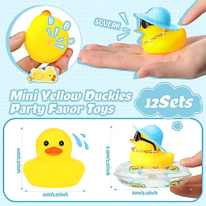 Sotiff Mini Rubber Ducks Bulk for Kids Children Cute Yellow Duck Toy for Dashboard of Car Bathtub Ornaments with Sunglasses Swim Ring Mini Hat Necklace and for Baby Shower(12 Sets,Cute)
