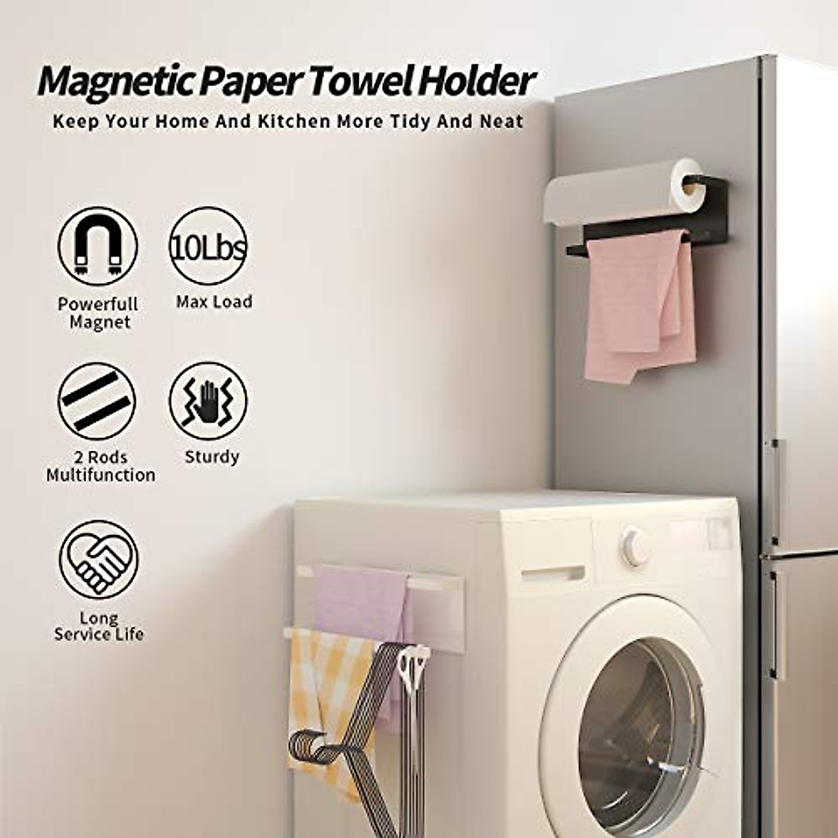 Magnetic Paper Towel Holder for Refrigerator,Kitchen Towel Rack Magnetic Paper Towel Bar Multi Function Made of Iron,Used for Kitchen,Bathroom,Toilet, Drill Free (White, Medium)