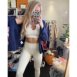 QINSEN Womens Yoga Leggings 2 Piece Outfits Running Crop Top Seamless High Waist Leggings Beige M