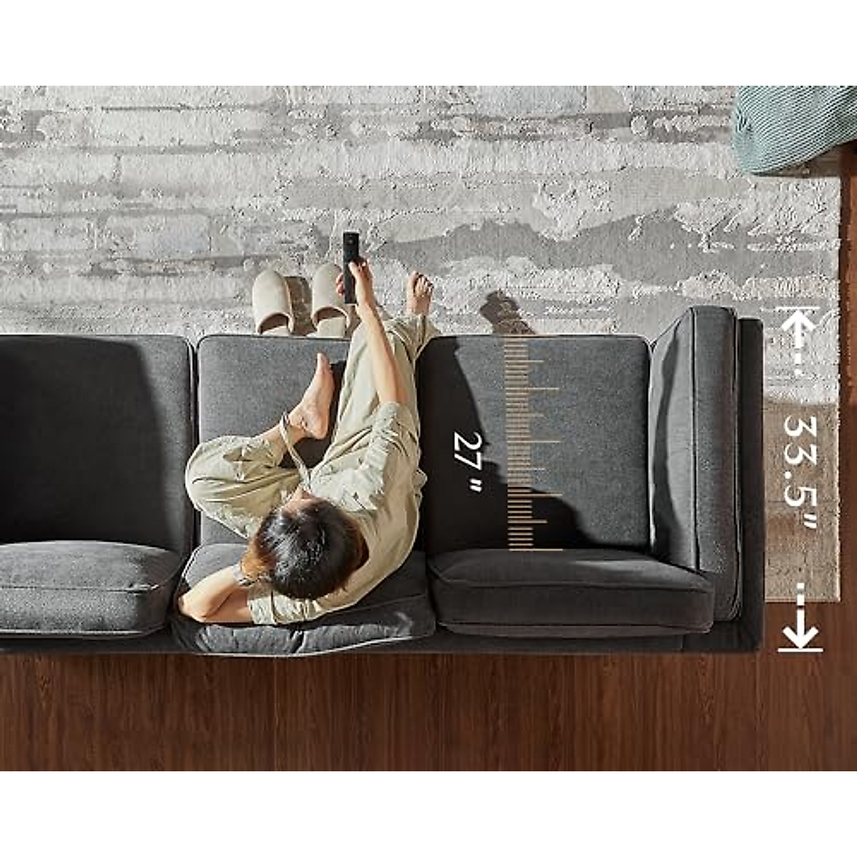 papababe 87" Sofa, Modern Sofa for Livingroom- Deep Seat Sofa Couch with Embedded Arm Pillow, Dark Grey Sofa