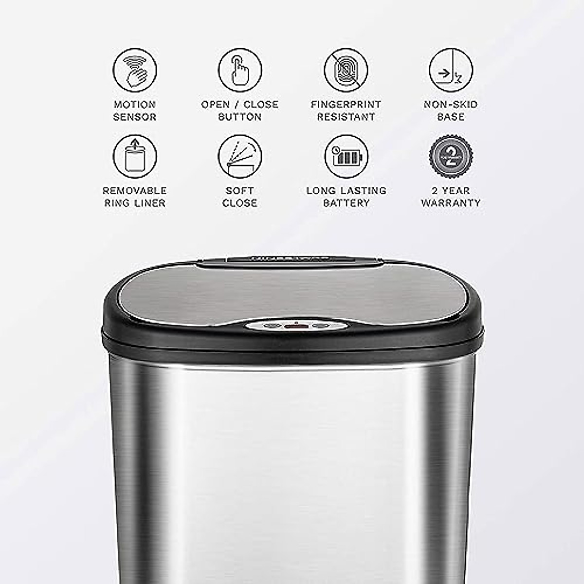Ninestars 13.2 Gal Rectangular Stainless Steel Automatic Soft Close Motion Sensor Trash Can with Manual Mode, Ring Liner, and Non-Skid Base (2 Pack)