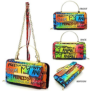 Multicolor Graffiti Printed Cell Phone Purse Wallet Smartphone Crossbody Wallet Travel Multifunction Phone Case Wristlet (#D-Multi2(GN/PK))