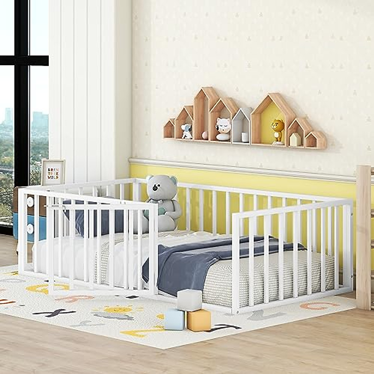 DNYN Twin Size Metal Floor Bed Frame with Door for Kids Bedroom,Metal Struture Bedframe w/Fence,No Box Spring Needed,77" x 41.1"x 21.7"H, White