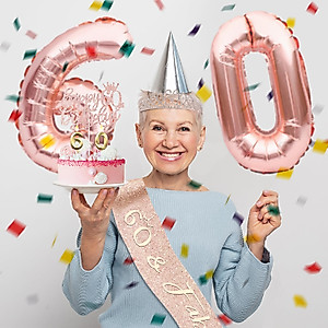 60th Birthday Gifts Decorations for Women - 60 Birthday Cake Topper, Balloons, Queen Sash, Crown and Candle Set, Rose Gold