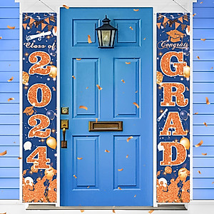 2024 Graduation Porch Door Decorations Orange Blue Class of 2024 Congrats Grad Porch Sign Banner, Orange Blue Graduation Decorations Porch Sign Banner for 2024 Graduation Party Supplies 70.8*11.8 inch