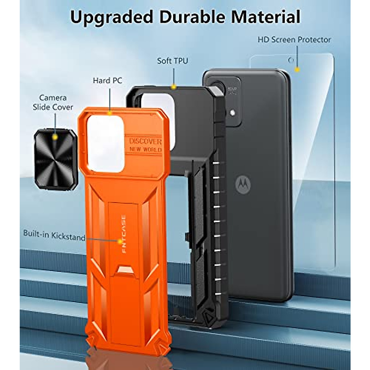 FNTCASE for Moto G Stylus-5G-2023 Case: Military Grade Drop Protection Cell Phone Cover with Kickstand & Slide | Rugged Shockproof Protective Bumper Textured | Heavy Duty Protector(Orange)
