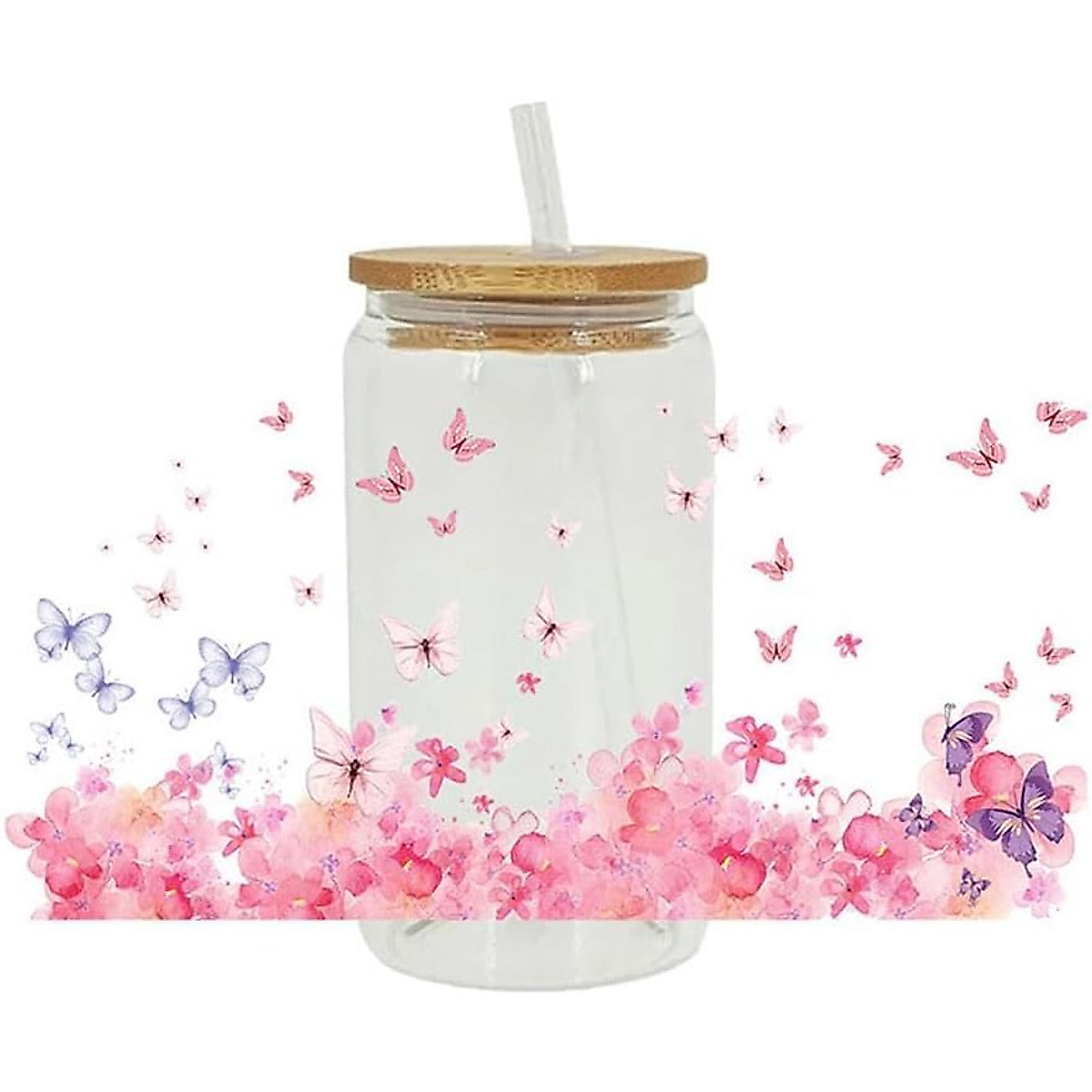 Pink UV DTF Cup Wrap, 1/7Sheets Flower Butterfly Coffee Cup Rub on Transfers for Glass Cups, UV DTF Cup Wrap Transfer Stickers Decals Waterproof Rub on Transfers for Glass Cups Crafts Vintage Iron-on
