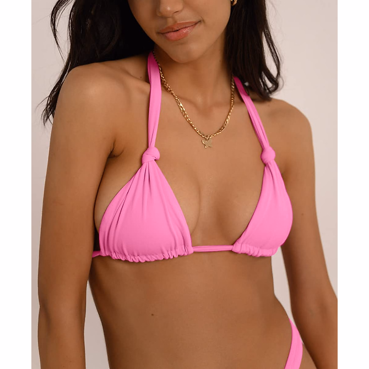 Halter String Bikini Set Sexy Thong Cheeky Two Piece Swimsuits Solid Color Bathing Swimwear Baby Pink S