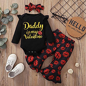 Aslaylme Baby Girls Valentine's Day Outfit Newborn Daddy's Little Valentine Bodysuit Kiss Flare Pants Outfit（Black,0-3 Months