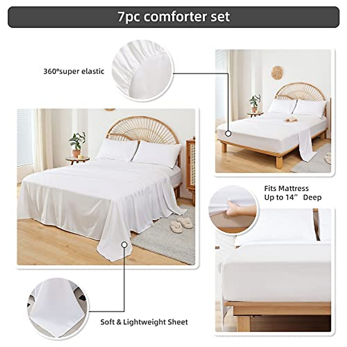 JANZAA Full Size Comforter Sets Bed in a Bag White Comforter Bedding Sets Floral Comforter Sets for All Season with Fitted Sheet Flat Sheet Pillow Cases and Shams 7 Piece