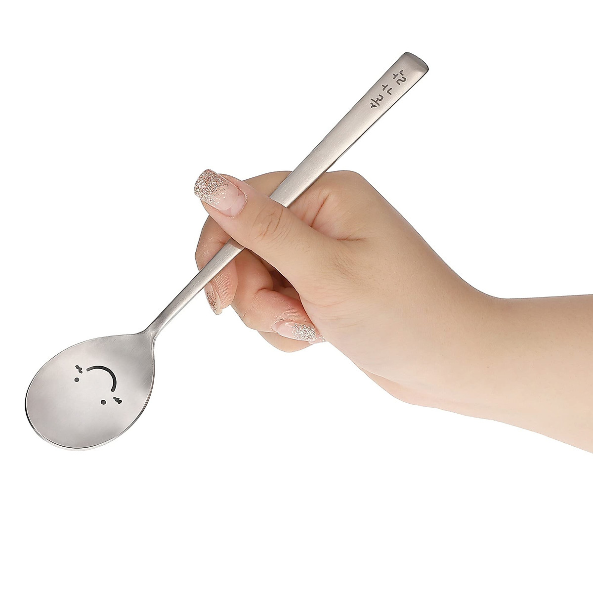 BAPMOO Korean Chopsticks and Spoon Set Combinations Reusable Long Handle Metal Stainless Steel Good for Gift Happy Face & Hangul Characters Engraved Silver