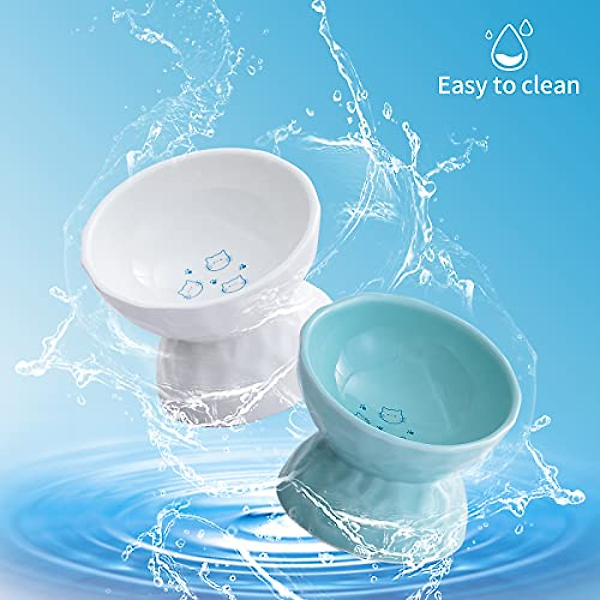 Ceramic Raised Cat Bowls, Tilted Elevated Cat Food and Water Bowls Set, Porcelain Stress Free Pet Feeder Bowl Dish for Cats and Small Dogs, Dishwasher and Microwave Safe, White & Green, Set of 2