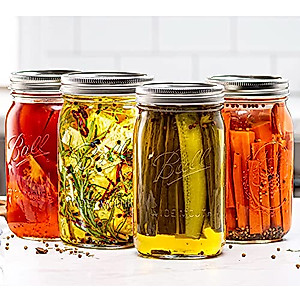 Wide Mouth Mason Jars 32 oz - (4 Pack) - Ball Wide Mouth 32-Ounces Quart Mason Jars With Airtight lids and Bands - Clear Glass Mason Jars For Storage, Canning, Fermenting, Overnight Oats, Cold Brew