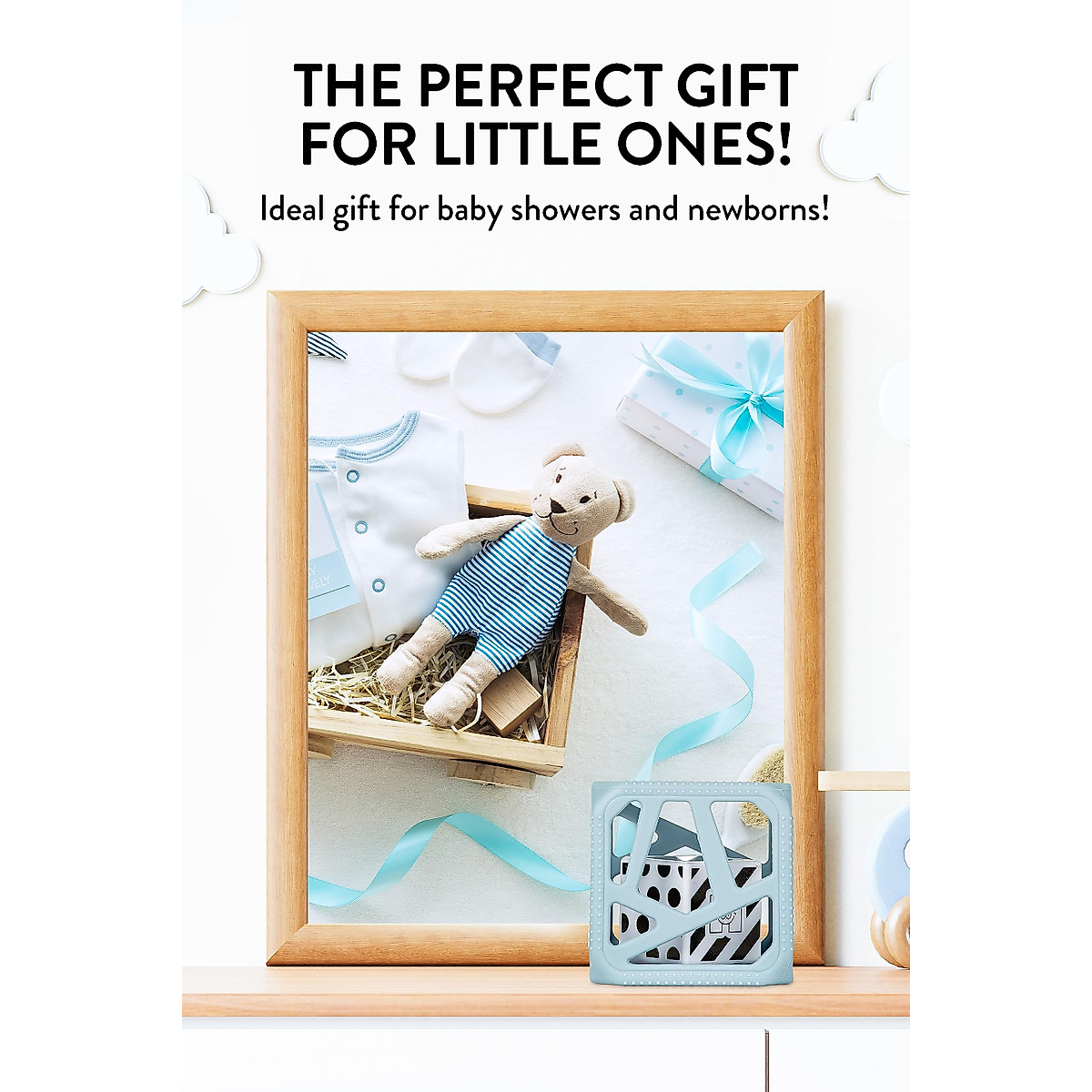 Malarkey Kids Silicone Teething Toys Chew Cube Baby Toy Activity Cube for New Born Babies Toys Rattle Teether Four Way Sensory Stimulation (Easy Grip, BPA Free Non Toxic, Steel Blue, Pack of 1)